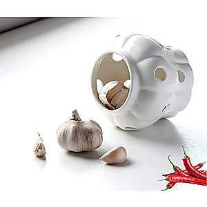 MEKBOK Garlic Keeper,Garlic Keeper for Counter,White Ventilated Garlic Container,Ceramic Garlic Storage Container with Bamboo Lid
