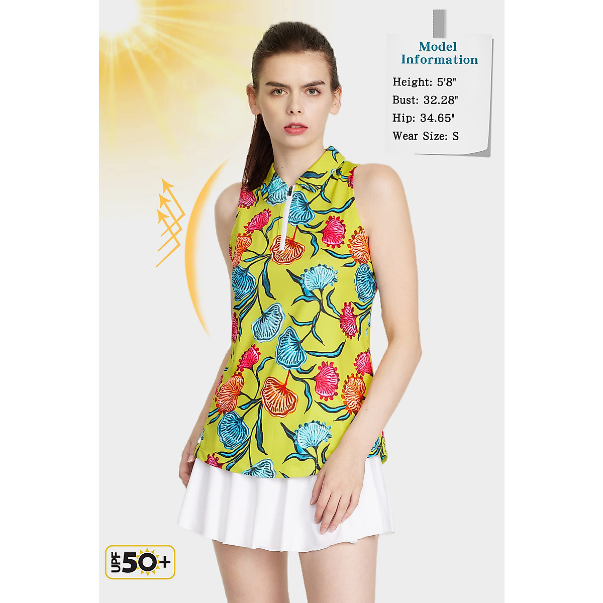 CQC Women's Sleeveless Golf Shirts Quick Dry Floral Athletic Polo with Collar Zip Up Lightweight Tennis Tank Tops Tropical Coquette M