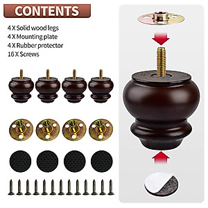 CtopoGo Wooden Round Gourd Furniture Legs 4 Inch Set of 4 Mid-Century Modern Sofa Couch Chair Armchair Night Stand Recliner Dresser Cabinet Feet Legs with Pre-Drilled Bolts (4" / 10cm, Walnut)