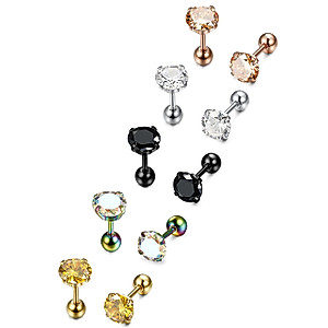 LOYALLOOK 5 Pairs Stainless Steel Cubic Zirconia Stud Earring Ear Piercings For Women 5 Colors 6mm