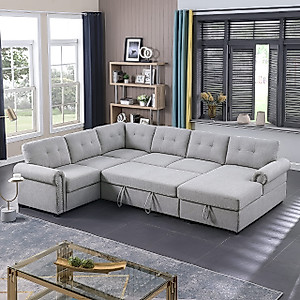 Sleeper Sofa with Pull Out Couch 6 Seater Modular Sectional Sleeper Sofa Bed with Storage Chaise, Fabric Sofa Sleeper Couch with Pullout Bed