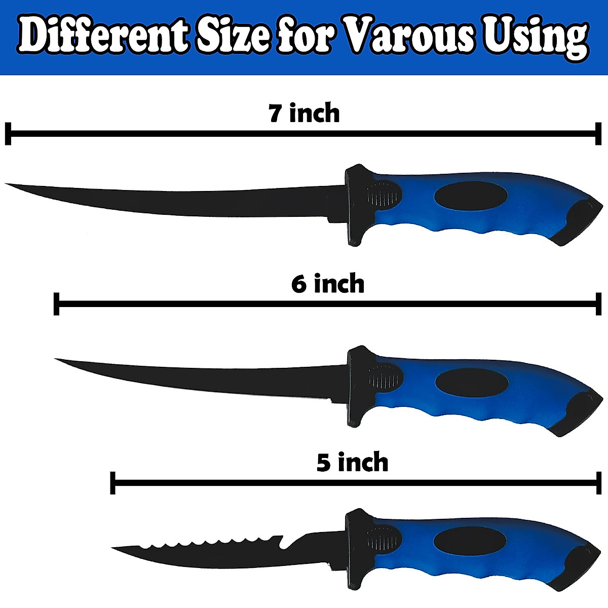 HOWORR 3PCS Fishing Fillet Knife Set, 5-7 Inch Pro Filet Knife for Fish with Sharpener, Stainless Steel Fish Fillet Knife, Fishing Tool Set, Camping Ourdoor Use, Fishing Accessories Gifts, Blue