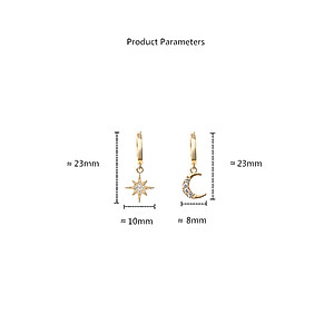 Crystal Moon Star Dangle Hoop Earrings for Women S925 Sterling Silver with Charms Asymmetrical CZ Diamond Drop Cartilage Cute Jewelry Delicate Fashion Birthday Best Friend Gold Plated