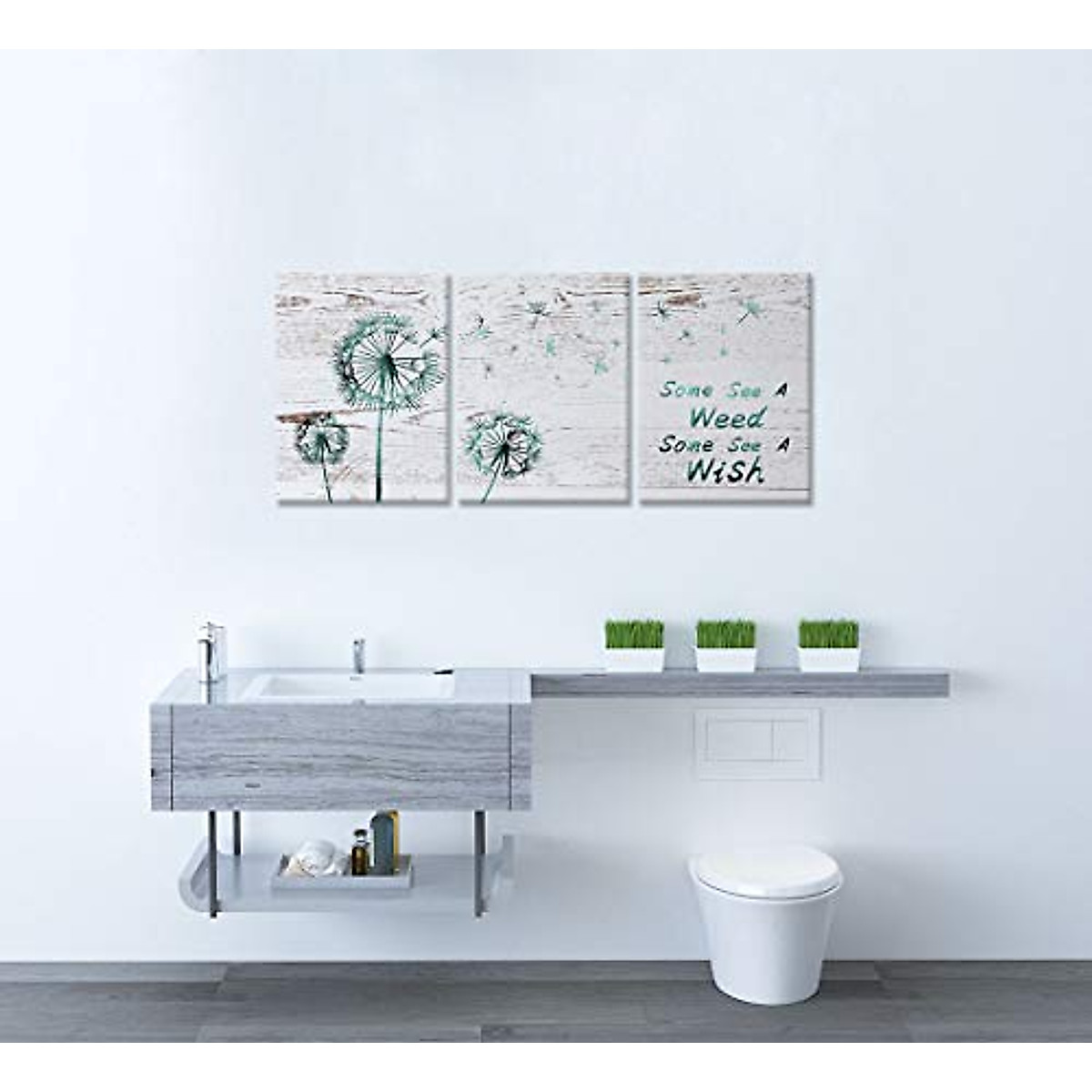 Zlove 3 Pieces Bathroom Canvas Wall Art Teal Dandelion with Some See a Weed Some See a Wish Inspirational Quote Flower Artwork on Wood Background For Home Bedroom Decor Stretched and Framed Ready to Hang 12"x16"x3pcs