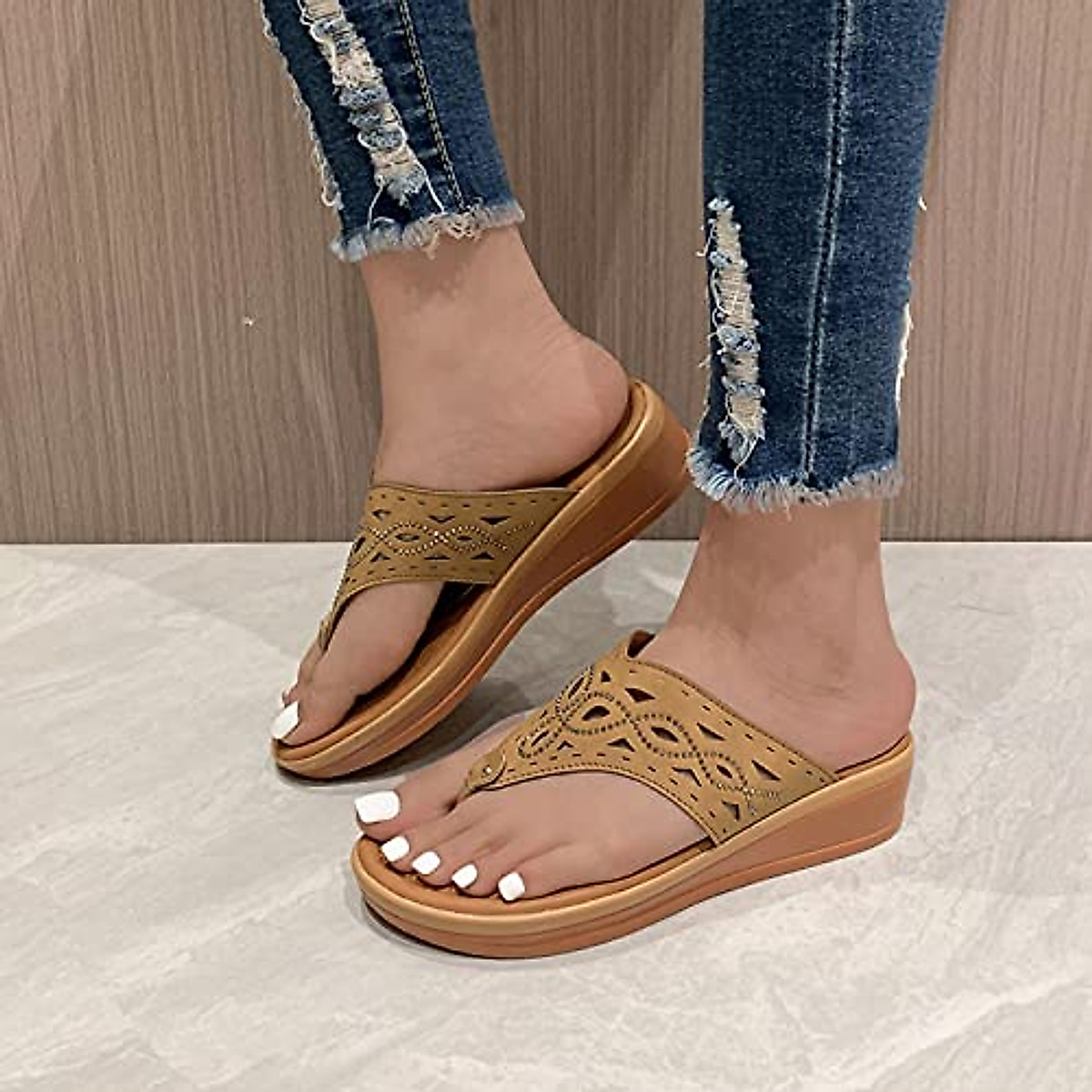 Ladies Fashion Summer Solid Leather Rhinestone Decorative Clamping Toe Slope Heel Casual Sandals for Women Wide Width (Brown, 8)