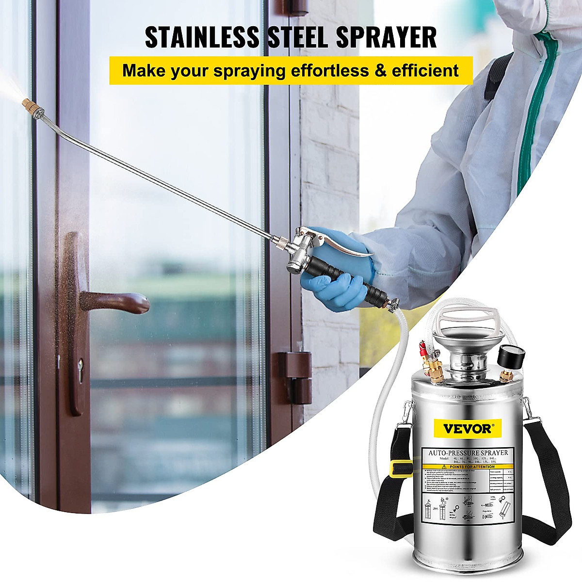 Happybuy 1.5 Gallon Stainless Steel Sprayer, 16" Wand&3.3FT Reinforced Hose, Hand Pump Sprayer with Pressure Gauge, Safety Valve&Adjustable Nozzle, Garden Weed Sprayer for Lawn, Gardening & Sanitizing