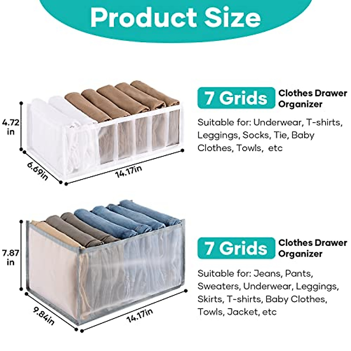 BHLVXCC Wardrobe Clothes Organizer 4 Pack Clothes Drawer Organizer for Jeans Shirts Organizers Closet Organizer With 7 Grids Drawer Organizers Clothes for Jeans T-shirts Bra Clothing Sweater