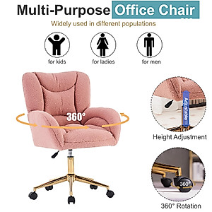 Anewome Swivel Office Desk Chair with Wheels Upholstered Sherpa Desk Modern Armchair Height Adjustable Computer Task Chair Boucle Makeup Vanity Desk with Gold Metal Frame, 38.2" H Pink