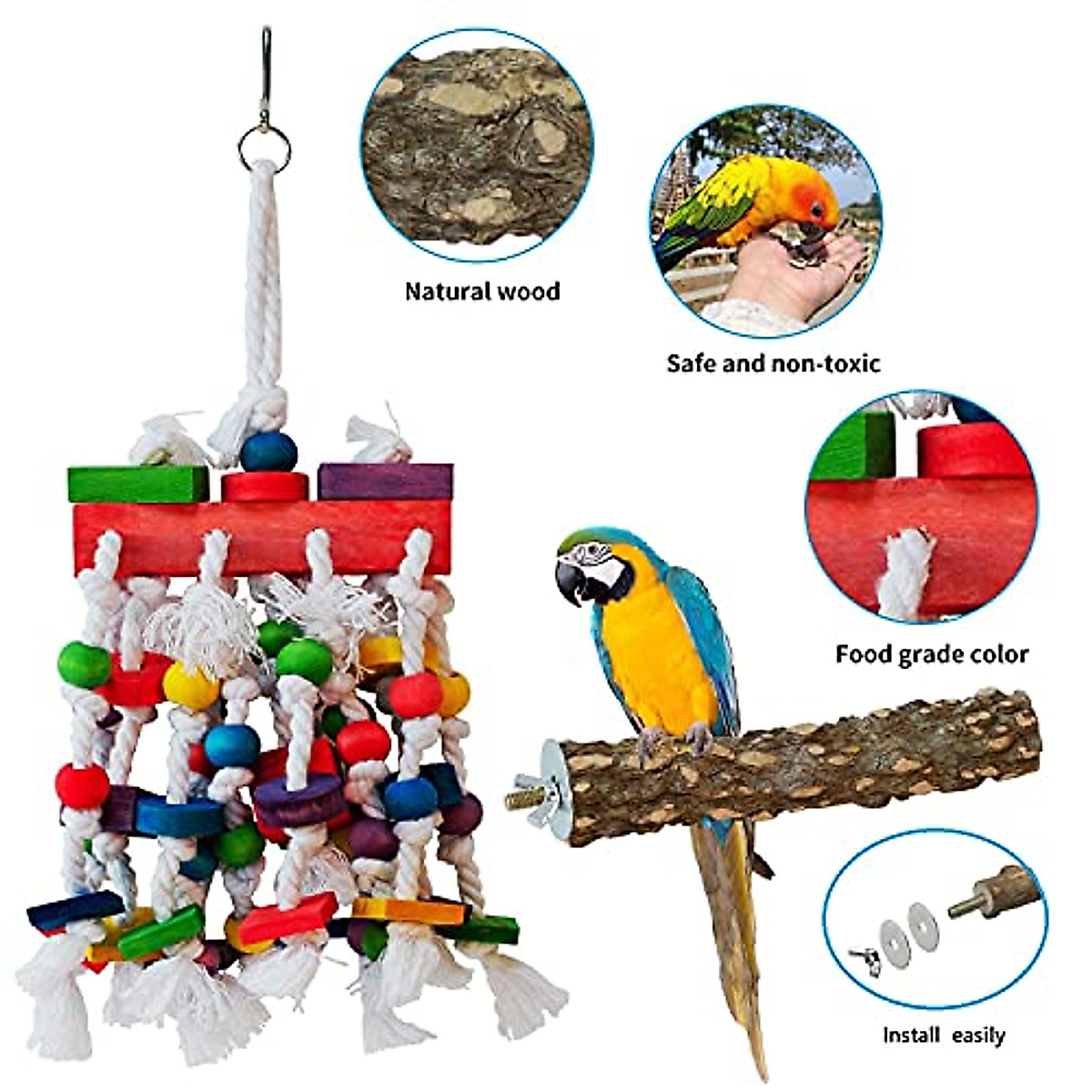VECELA Parrot Toys, Bird Parrot Toys Set - Parrot Chewing Toys Knots Blocks, Parrot Mirror, Bird Perches - Bird Cage Toys for Budgies, Parakeets, Cockatiels, Conures, Lovebirds, Small or Medium Birds