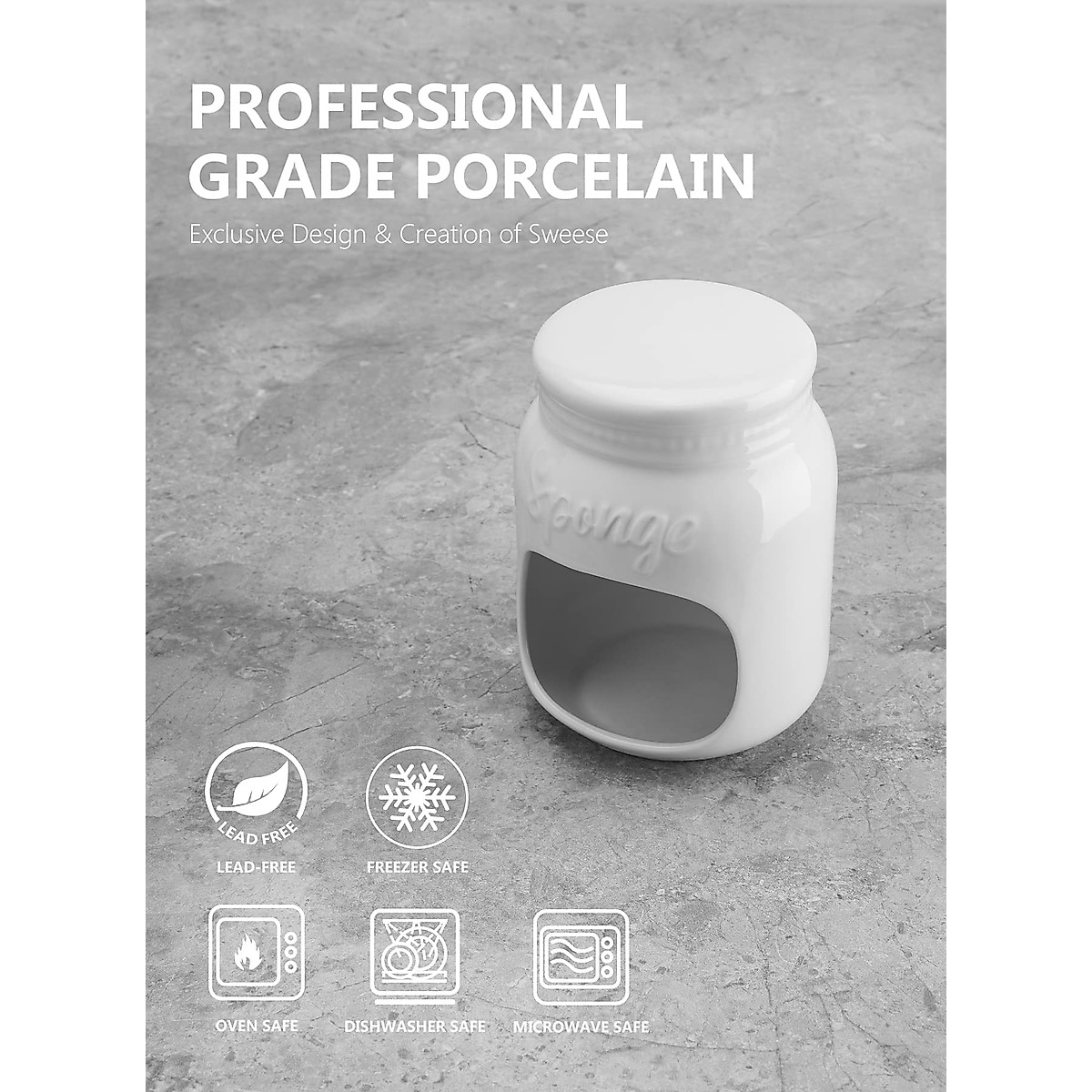 Sweese 816.101 Porcelain Mason jar Sponge Holder for Kitchen Sink, Modern Farmhouse Kitchen Accessories, Sink Caddy Gift for Family, Friends, and Collectors, White