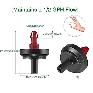 LiquiDrip 1/2 GPH Irrigation Drippers & Drip Emitters Maintain Constant Flow, 1/2 GPH Pressure Compensating Drippers, 1/2 GPH Inline Drippers & Drip Irrigation Emitters, 50 Per Bag, Red/Black