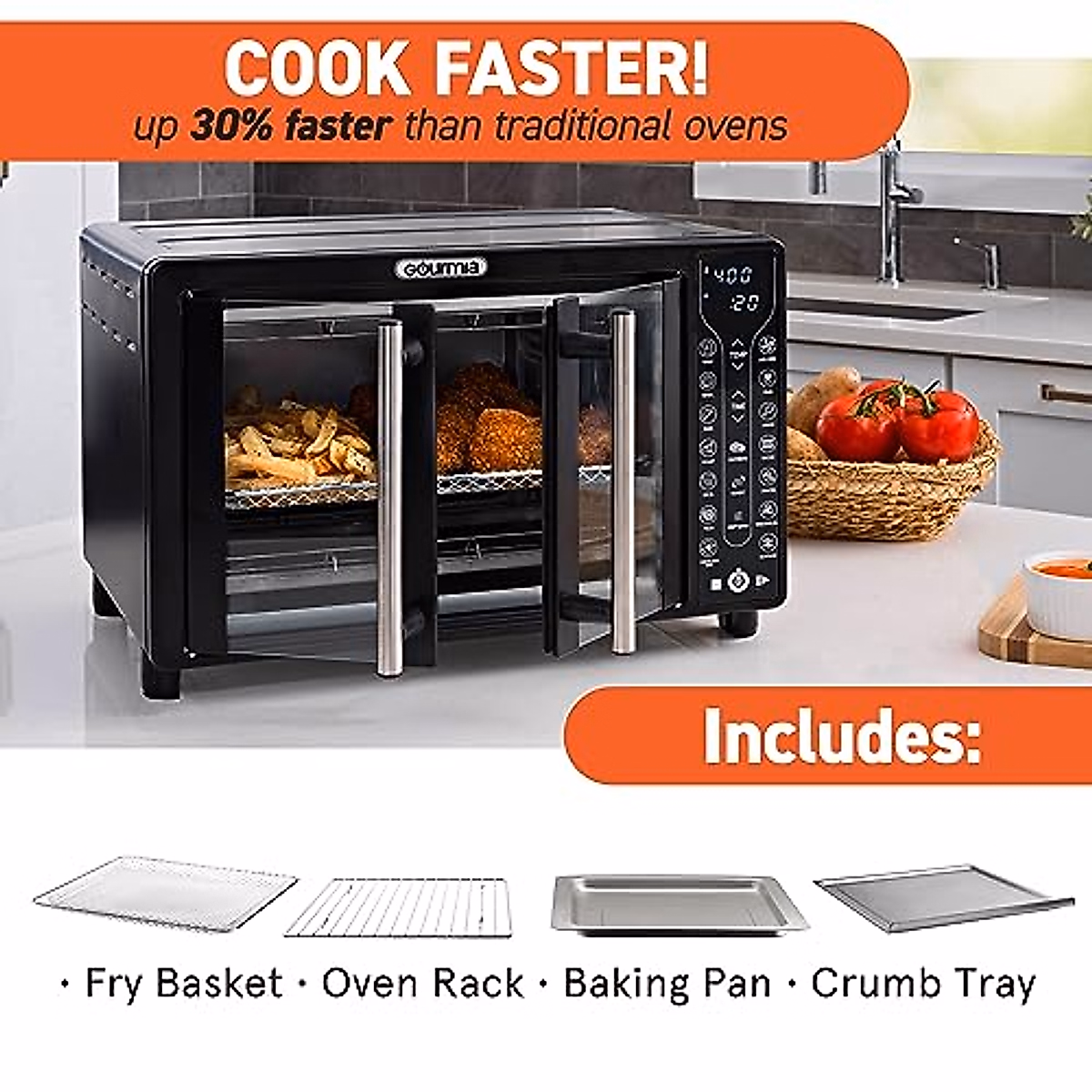Gourmia Toaster Oven Air Fryer Combo 17 cooking presets 1700W french door digital air fryer oven 24L capacity air fryer accessories, convection toaster oven rack, baking pan, tray recipe book GTF7460