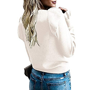 Valphsio Women's Long Sleeve Rib Ruffle Front Sweater Crewneck Puff Shirt Pullover Cute Tops (Large, White)