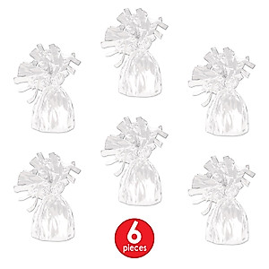 Beistle White Metallic Plastic Wrapped Balloon Weights For Birthday Parties, Weddings, Anniversaries, Table Décor, Celebrating With You Since 1900, 5.5" x 2.5", 6 Piece