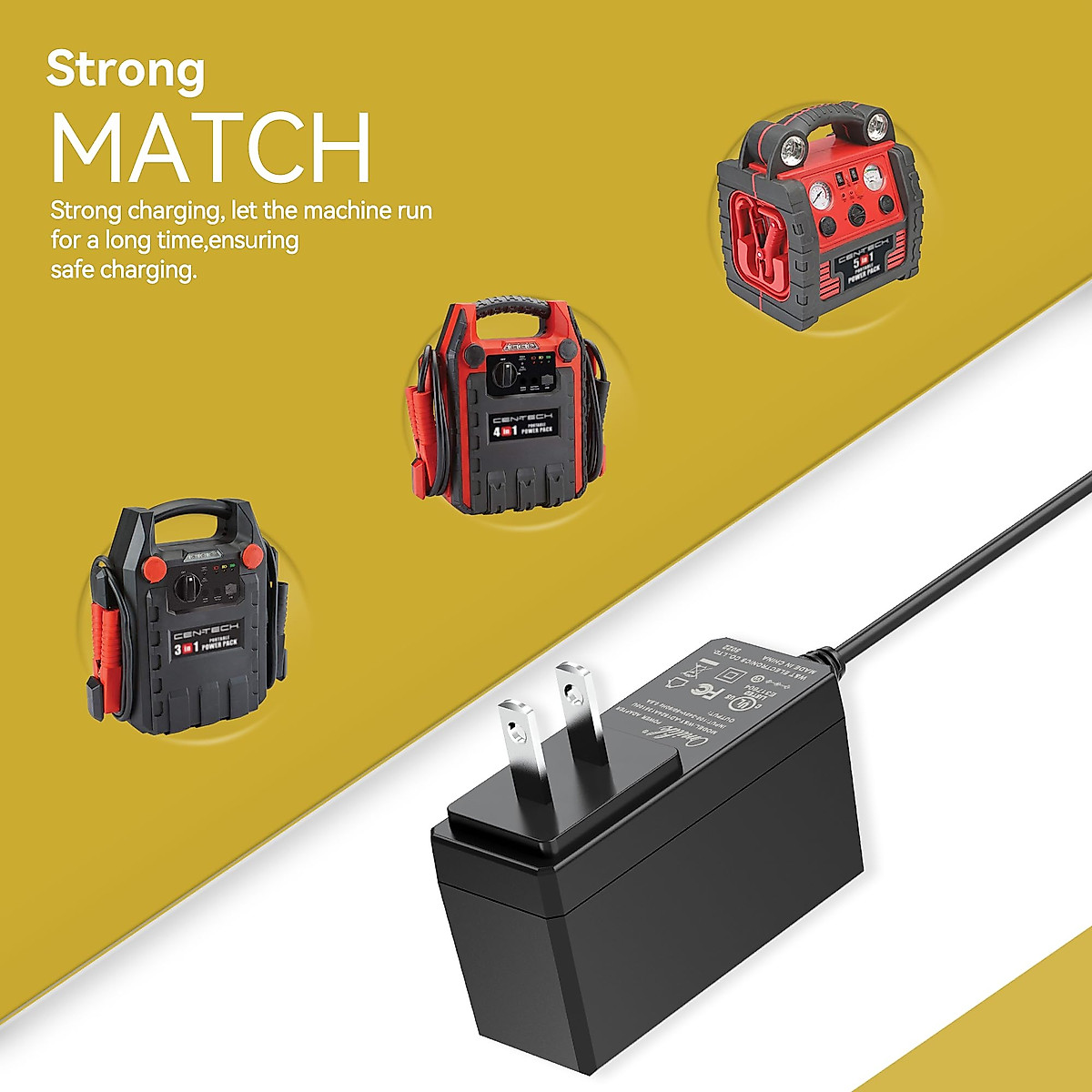 Omilik 6FT AC Adapter Fits for CEN TECH 5 in 1 Portable Power Pack # 60703 Jump Starter CEN TECH 4 in 1 3 in 1 Portable Power Pack # 69401 60657 Charger 4 in 1 Jump Starter Item# 39954 8884 CEN TECH