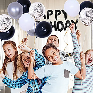 Black and Silver Happy Birthday Party Decorations for Men Women Boys Girls Him Her with 94pcs Black White Silver Balloons Black Happy Birthday Banner Foil Balloons Fringe Curtains Crown Beer Balloons