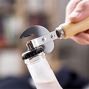 QXPDD Manual Can Opener with Wooden Handle Stainless Steel Convenient and Durable Manual Opener for Beer Bottle Household Kitchen Gadget Silver