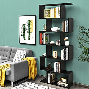 IFANNY 6 Tier Bookshelf, S Shaped Bookcase w/Staggered Storage Shelves, Display Shelf and Room Divider, Librero para Habitacion, Book Shelf for Bedroom, Living Room, Home Office (Black)