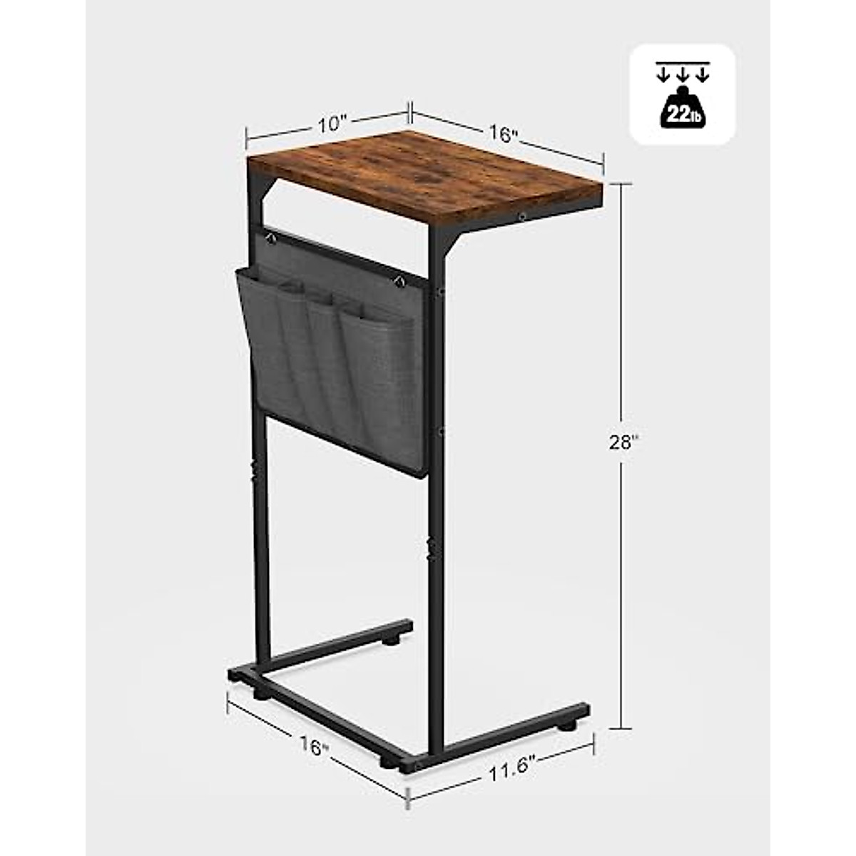 Vantic C Shaped End Table, Small Couch Side Table with Storage Bag, Sturdy Slide Under Sofa Table with Metal Frame for Living Room & Bedroom (16" L x 11.6" W x 28" H), Rustic Brown