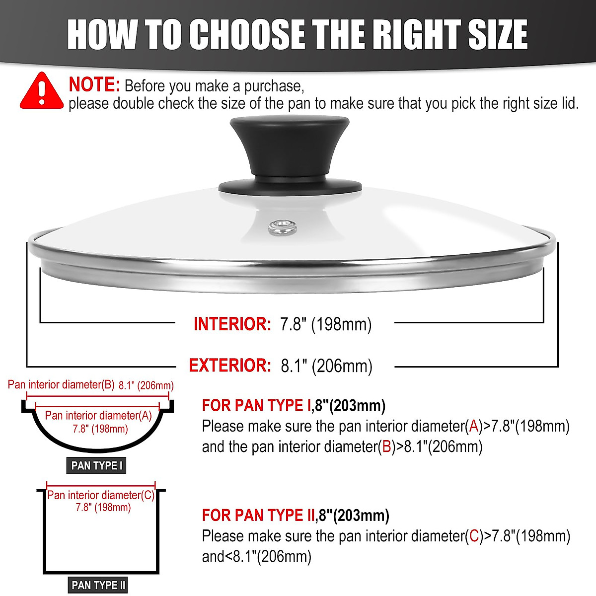 Pan Lid 8 Inch - Tempered Glass Pot Lid - Replacement Pan Cover for Cast Iron Skillets, Frying Pans, Pots and Wok, Heat Resistant Handle