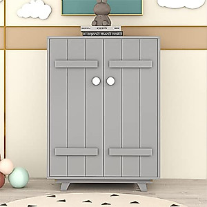 SOFTSEA Kids Wardrobe with Hanging Rod, Wooden Wardrobe Closet with 2 Doors, Freestanding Wardrobe Cabinet, Clothes Hanging Storage Rack for Boys Girls (Gray)