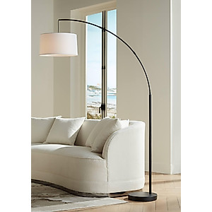 360 Lighting Cora Mid Century Modern Arc Floor Lamp 72" Tall Black Metal White Linen Fabric Drum Shade Decor for Living Room Reading House Bedroom Home Office House