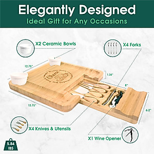 KITCHENVOY Bamboo Cheese Board Set with Slide-Out Drawer, Knife Set, Ceramic Bowls - Every Cheese Name - Charcuterie Boards Gift Set for Christmas, Birthday, Housewarming, Wedding - New Home Gift