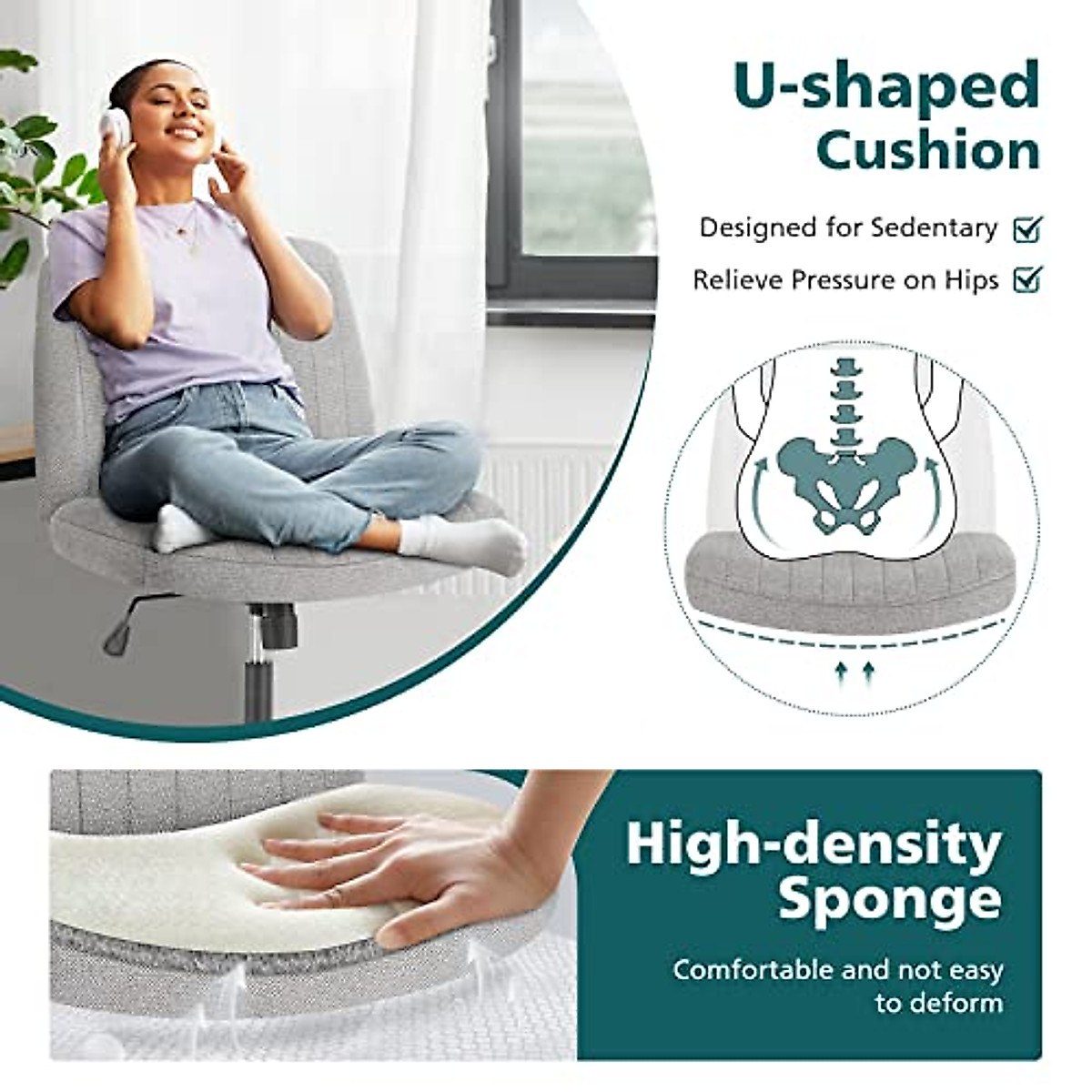 OLIXIS Cross Legged Armless Wide Adjustable Swivel Padded Home Office Desk Chair No Wheels, Grey