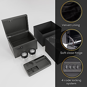 J.LIBERTY Wooden Stash Box with Lock - Includes 2 Glass Stash Jars and RemovableTray - Decorative Box (Matte Black) (XL)