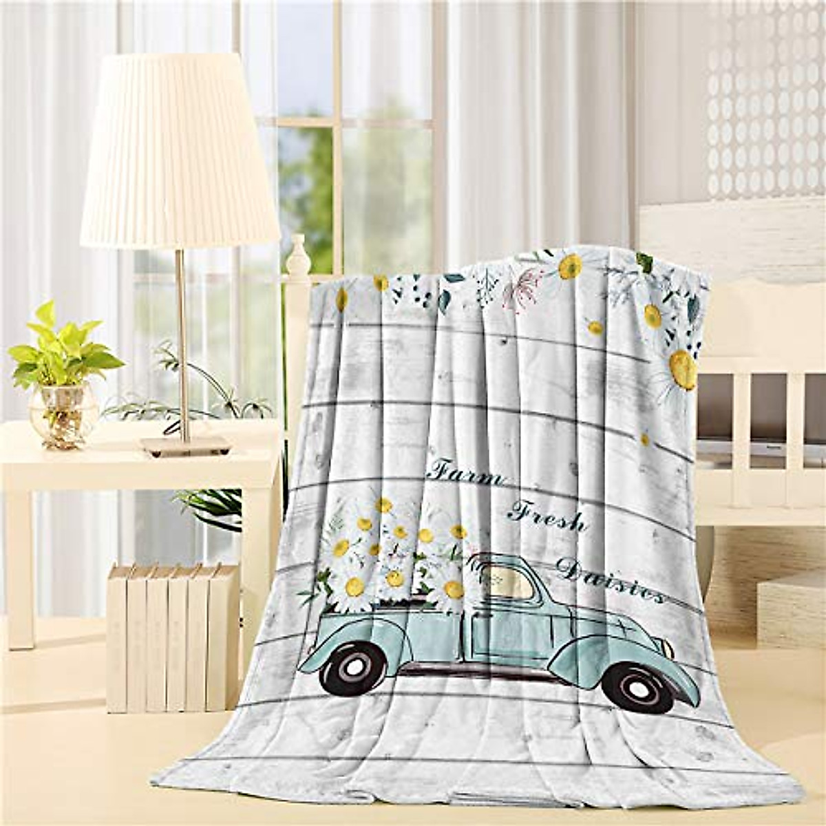 Truck Daisy Flower Throw Blanket 50" x 60", Lightweight Soft Bed Blanket for Bedroom Living Rooms, Cozy Fleece Comfy Microfiber Throw Blankets for Couch Sofa, Wild Floral Fresh Design Farmhouse Plank