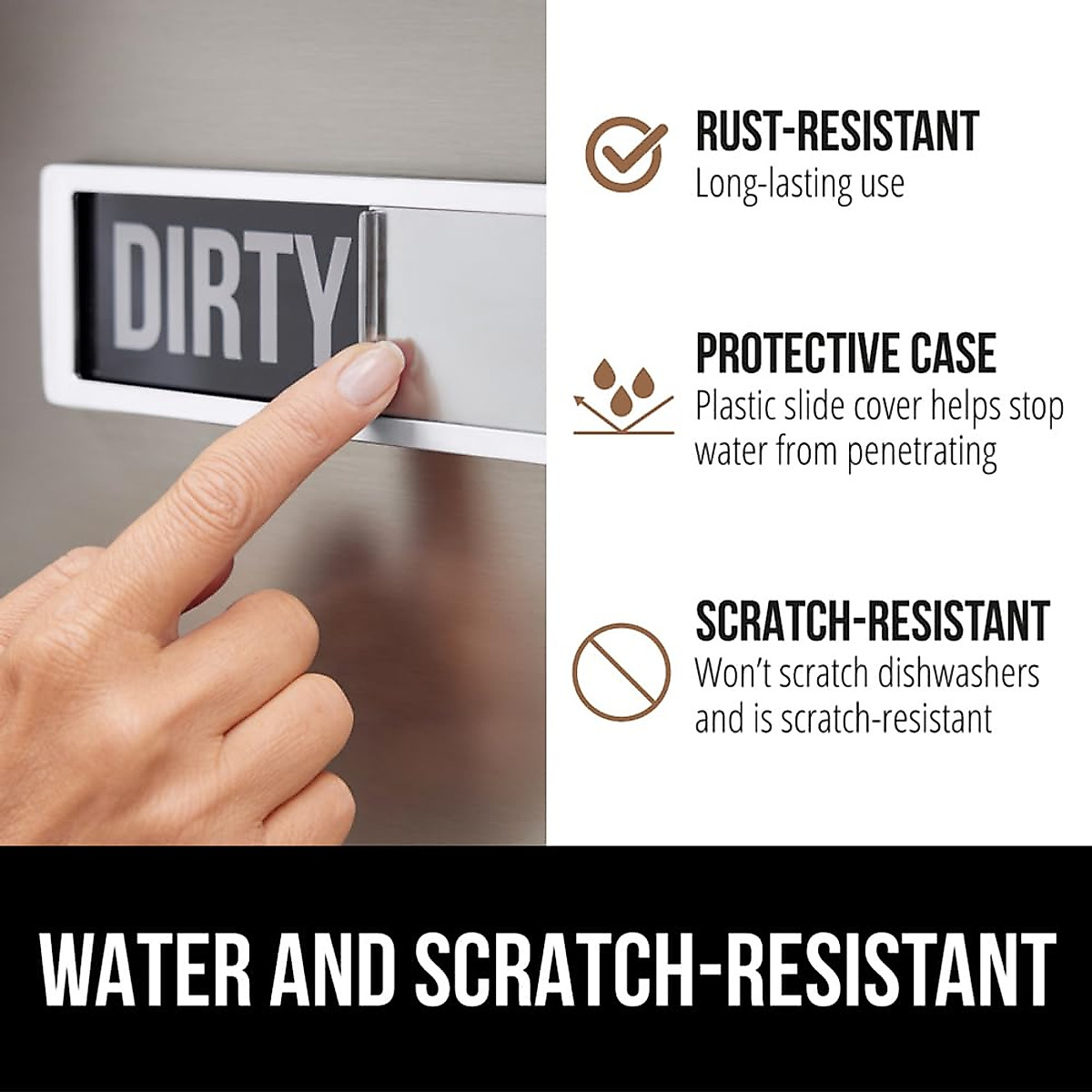 Gorilla Grip Dishwasher Clean and Dirty Magnet Sign, Optional Adhesive, Magnetic, Easy Read, Non-Scratch, Heavy Duty Shutter Slide Magnets for Dish Washer, Kitchen Accessories, 7x2, White