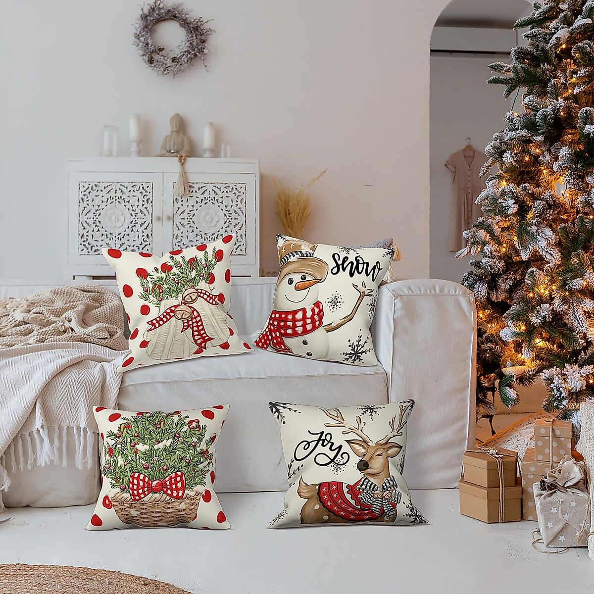 LITIVY Christmas Decor Pillow Covers Set of 4 Decorative Throw Pillowcase for Winter Xmas Holiday Home Decor for Sofa Couch (Christmas Tree Snowman Gloves Deer) (18"x18", Red)