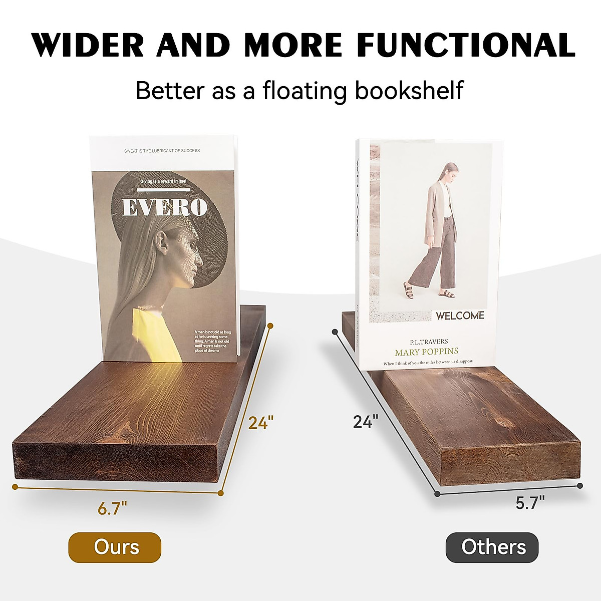 BGMG Wood Floating Shelves 24 inch, Wide Rustic Wooden Wall Shelves for Bathroom Living Room Bedroom Kitchen Farmhouse Set of 2-24x 6.7 x1.25 inch- Walnut Color