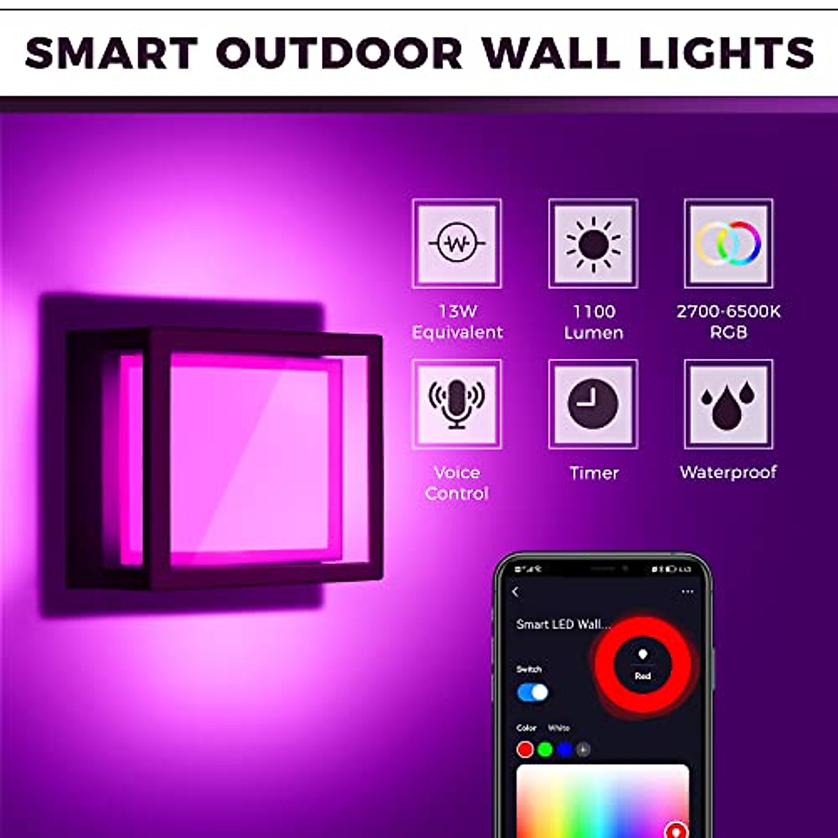 Smart Wall Lights - Outdoor Wall Lights Compatible with Alexa/Google Assistant, RGB+2700K-6500K, 13W(130W Equivalent) 1000lm, 2.4GHz WiFi Wall & Ceiling & Porch Lights, IP 65 Wall Sconces Set of Two