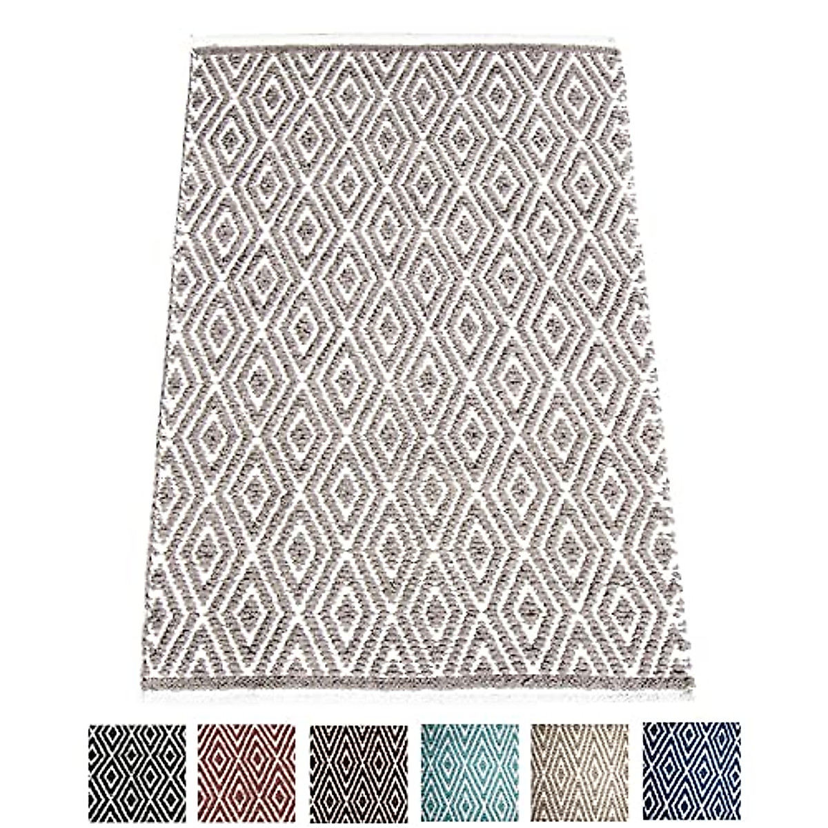 Chardin home 100% Cotton Diamond Rug Fully Reversible - Mat Size 21''x34'', Machine Washable, Greyish Beige & White