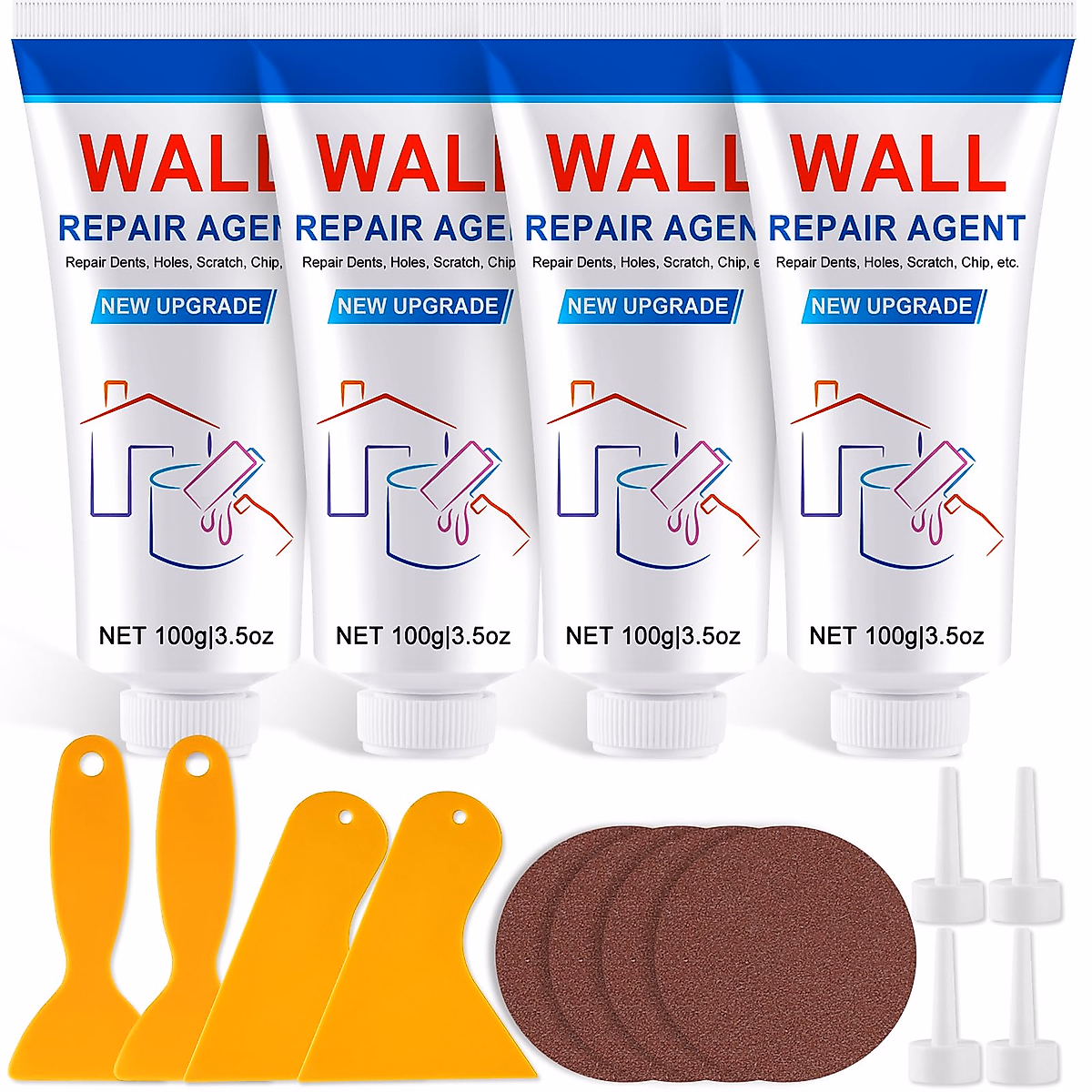 4 Pack Drywall Repair Kit, Wall Spackle Repair, Wall Mending Agent, Drywall Hole Fill Quick and Easy Solution, Wall Patch Repair Kit with Scraper and Sandpaper(4 x 100g)