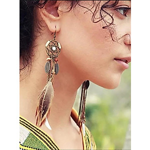 Punk Vintage Long Tassel Feather Beads Drop Wolf Tooth Pendant Earring Fish Hook Earrings (Brown A)