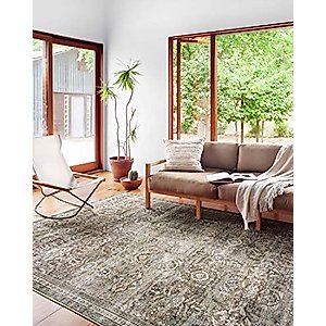 Loloi Layla Collection, LAY-13, Antique/Moss, 9'-6" x 14', .13" Thick, Area Rug, Soft, Durable, Vintage Inspired, Distressed, Low Pile, Non-Shedding, Easy Clean, Printed, Living Room Rug