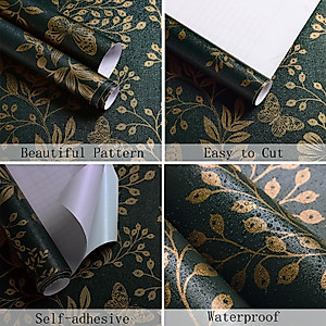 Wudnaye Green Vintage Floral Wallpaper Peel and Stick Wallpaper Dark Green and Gold Flower Leaf Butterfly Contact Paper 17.7" X 118.1" Removable Self Adhesive Boho Wallpaper for Bedroom Cabinets Decor
