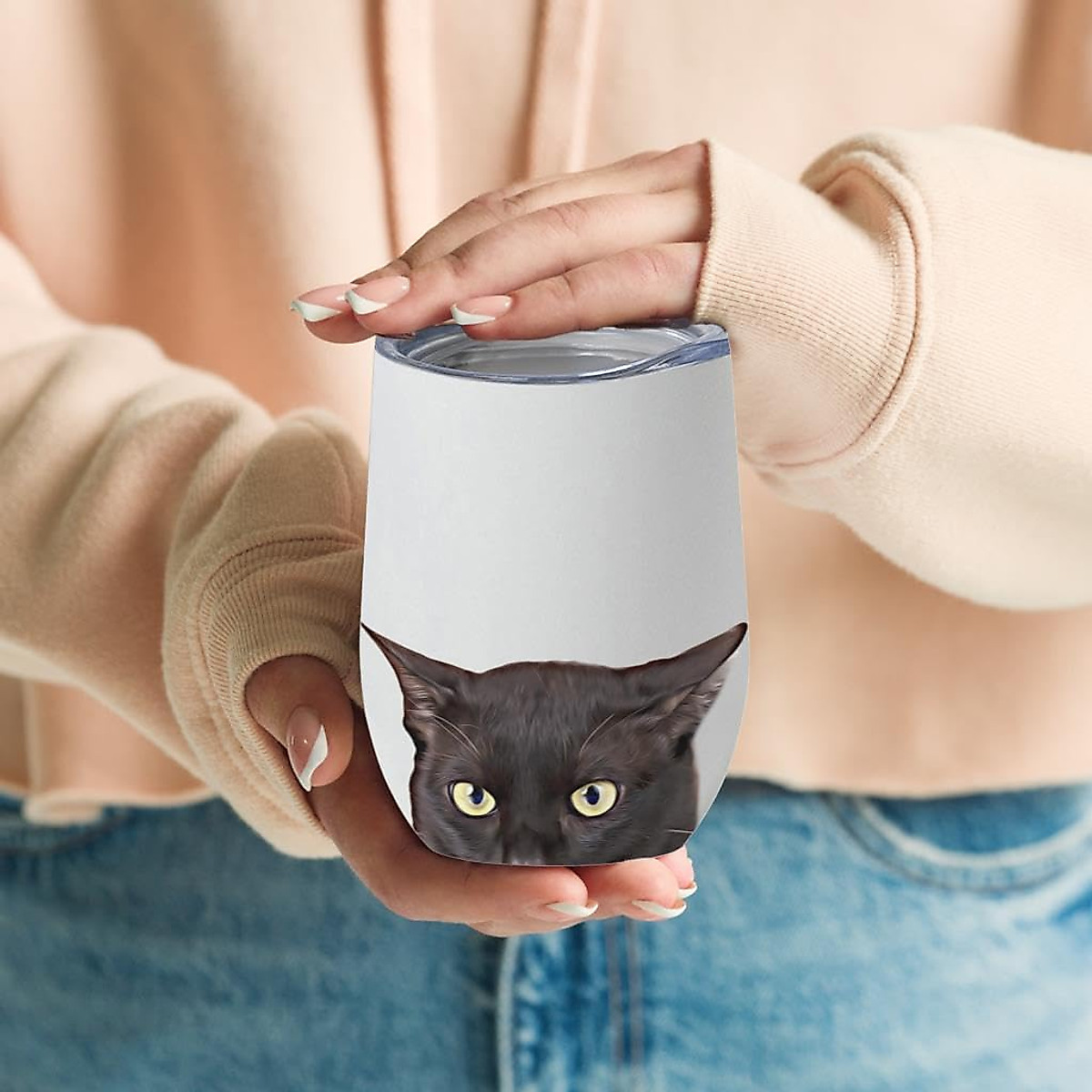 Funny Curious Black Burmese Cat Peeking Look Out Wine Tumbler 12oz Stainless Steel Vacuum Insulated Cup With Lid - Gifts for Cat Lovers