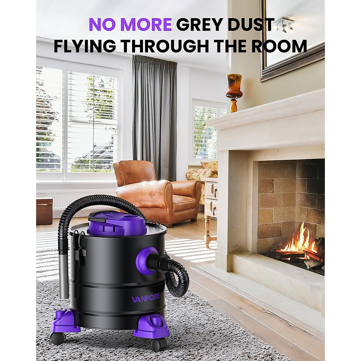 VANPORE Ash Vacuum for Pellet Stoves: 5.2 Gallon Fireplace Ash Vac with 1200w Powerful Suction & Wheeled Base - Ash Vacuum Cleaner for Fireplaces, Pellet Grill, Wood Stove, Fire Pits