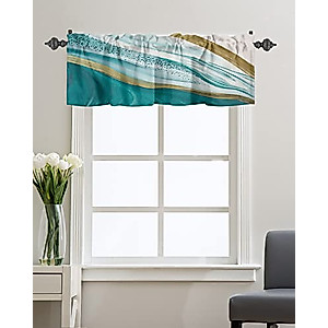 Abstract Curtain Valance for Window,Kitchen Rod Pocket Short Curtains Panel Turquoise White Gold Marble Texture Windows Treatment Drapes for Bathroom Living Room Decor 42x12In Stone Fluid Art