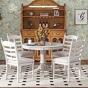 POCIYIHOME 5-Piece Retro Functional 42"-58" Wood Round Extendable 4 Upholstered Chairs, Set of 5, Family Dining Table Set for Restaurant, Kitchen (Antique White)