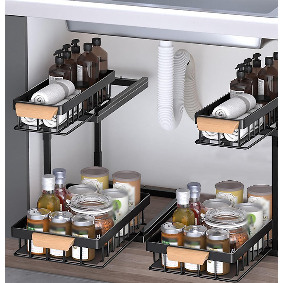 Under Sink Organizers, 2 Tier Pull Out Organizer and Storage, Upgraded Metal Storage Shelves with Sliding Basket, Cabinet or Countertop Organizer for Kitchen Bathroom (1 PC)