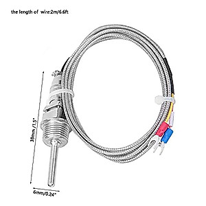 K-Type Temperature Sensor RTD Stainless Steel high Measuring precisionThermocouple Temperature Probe 1/2 NPT Detachable 3-Pin Connector with 2m / 6.6ft Cable
