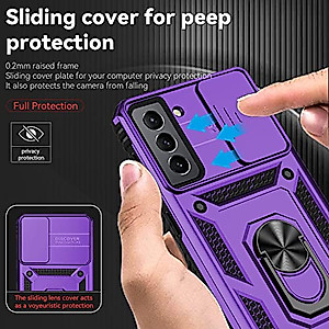 for Samsung Galaxy S21 FE 5G Case with Camera Lens Cover HD Screen Protector, Military-Grade Drop Tested Magnetic Ring Holder Kickstand Protective Phone Case for Samsung Galaxy S21 FE 5G (Purple)