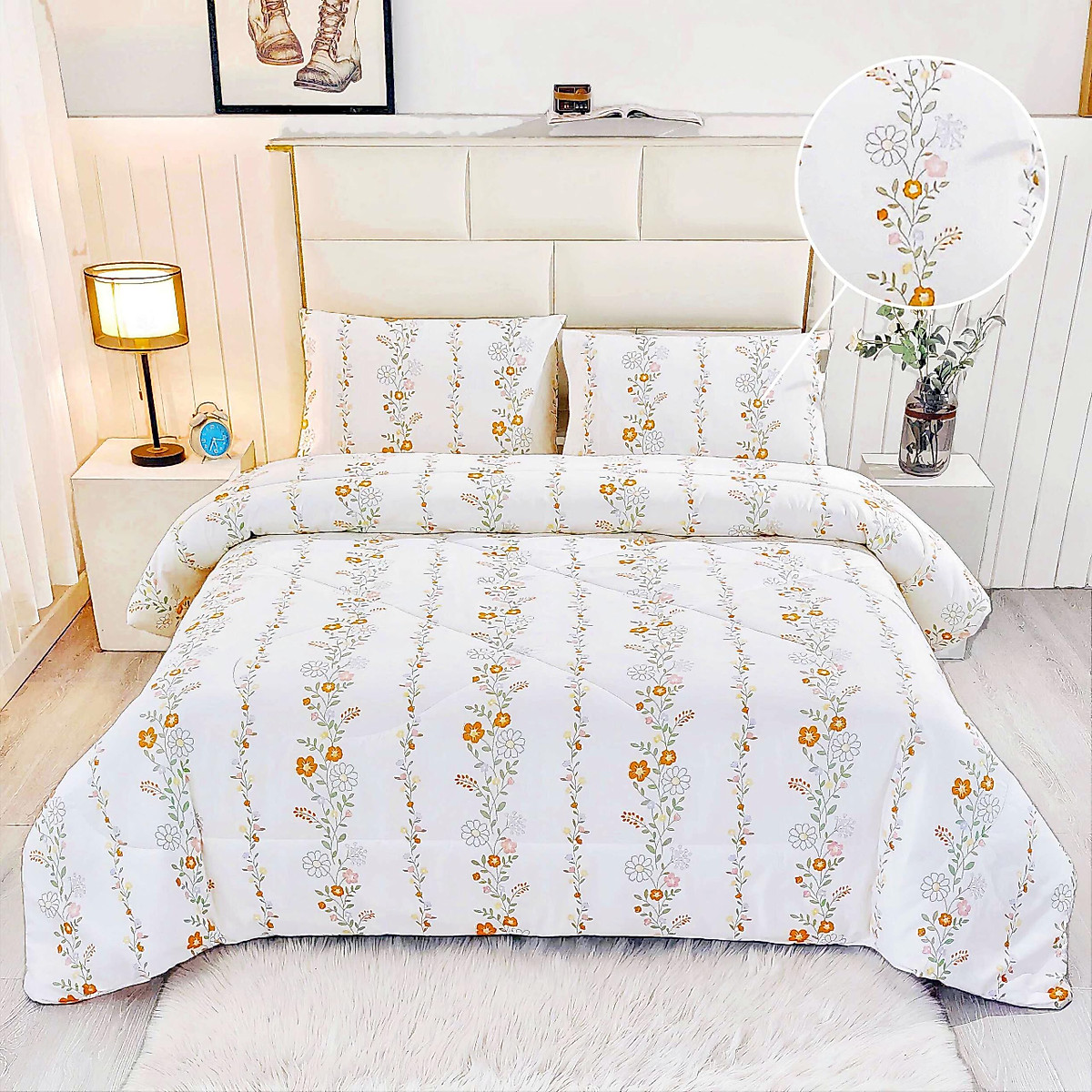 SDY 3PCS Floral Comforter Set Queen, Pink Flower Comforter Queen Bed in a Bag Set, Floral Bedding Lavender Aesthetic Comforter Set, Preppy Boho Spring Comforter Set for Kids, Toddler, Girls, Boys