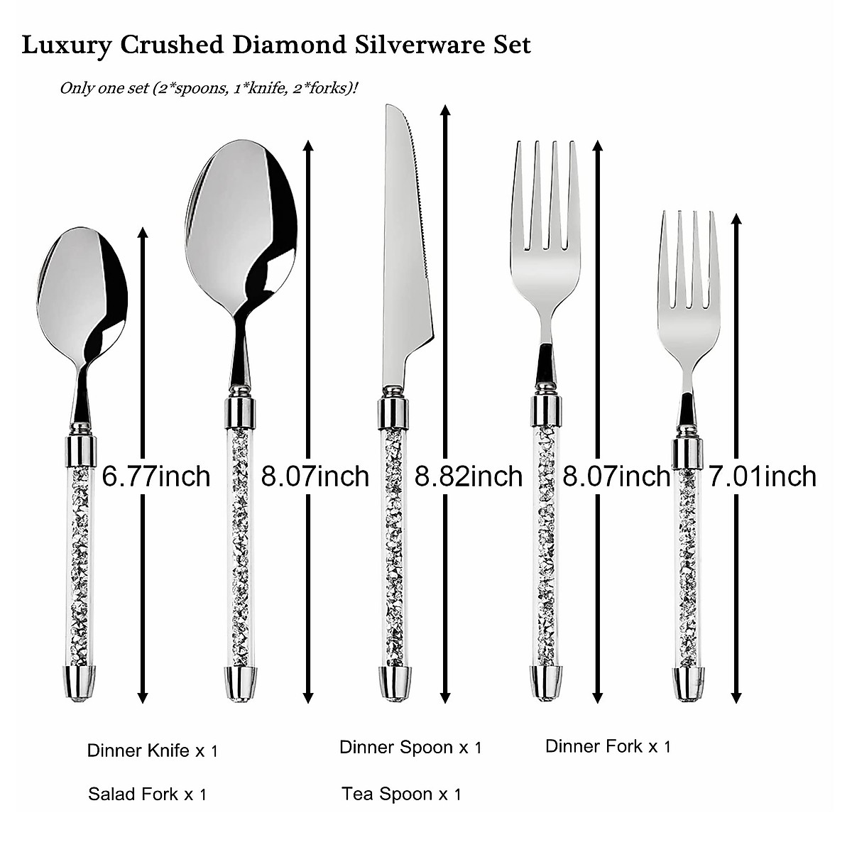 SHYFOY 5 Piece Modern Bling Silverware Set, 18 8 Stainless Steel Flatware, Mirror-Polished Luxury Cutlery, Crushed Diamond Dinner Service, Fork Knife Spoon, Teaspoon/Salad Fork Dishwasher Safe