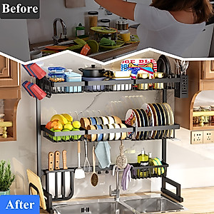 Over The Sink Dish Drying Rack, 3 Tier Adjustable (33.8 to 41.5 inch) Large Capacity Kitchen Counter Dish Drying Rack with Fruit Basket Utensil Holder Sink Caddy Cup Holder, Black