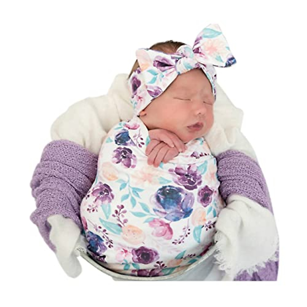 Terriboo Newborn Floral Print Blanket Baby Stretch Wrap Swaddle Blanket Receiving Blanket with Matching Headband and Beanie